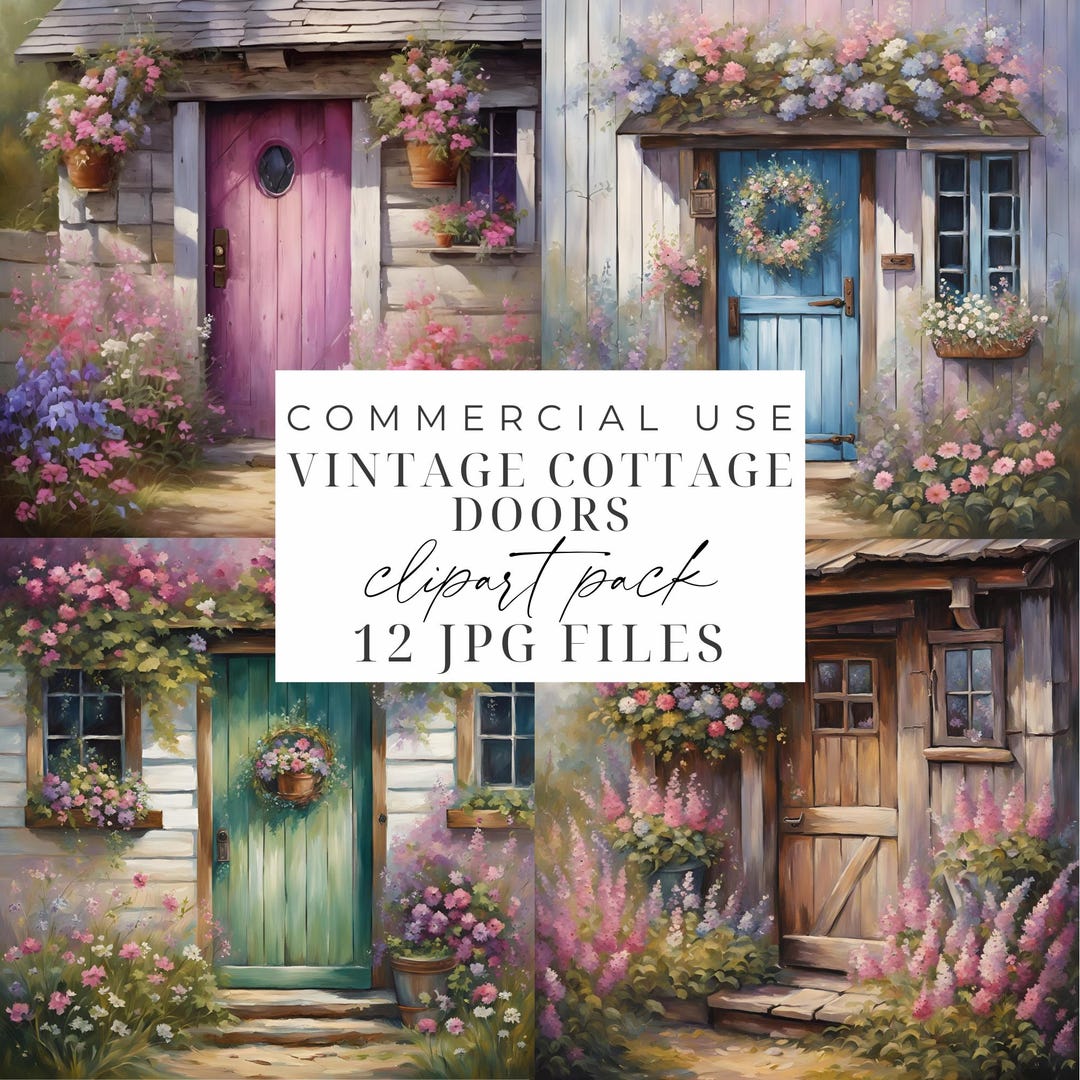 Vintage Floral Cottage Doors Clipart Watercolor Rustic Doors Jpgs Old ...