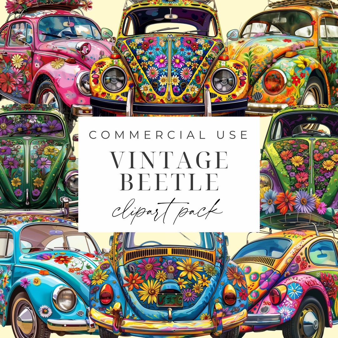 Vintage Beetle Car Clipart VW Bug PNG Retro Beetles Hippie 70s Clipart ...
