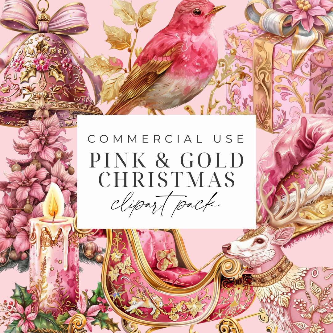 Pink Christmas Clipart Pink and Gold Clipart Pink Christmas Watercolor ...