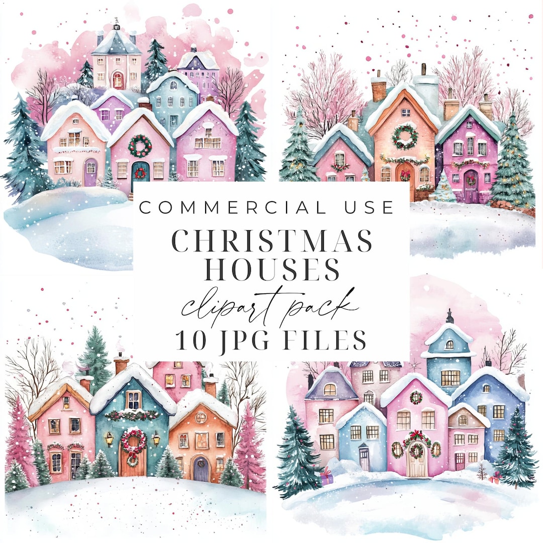 Snowy Christmas Houses Clipart Christmas Village JPG Watercolor Winter ...