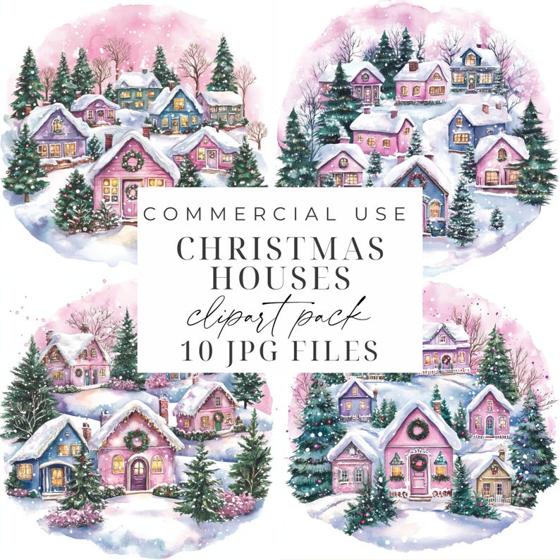 Christmas Houses Clipart JPG Winter Scene Clipart Instant Download ...