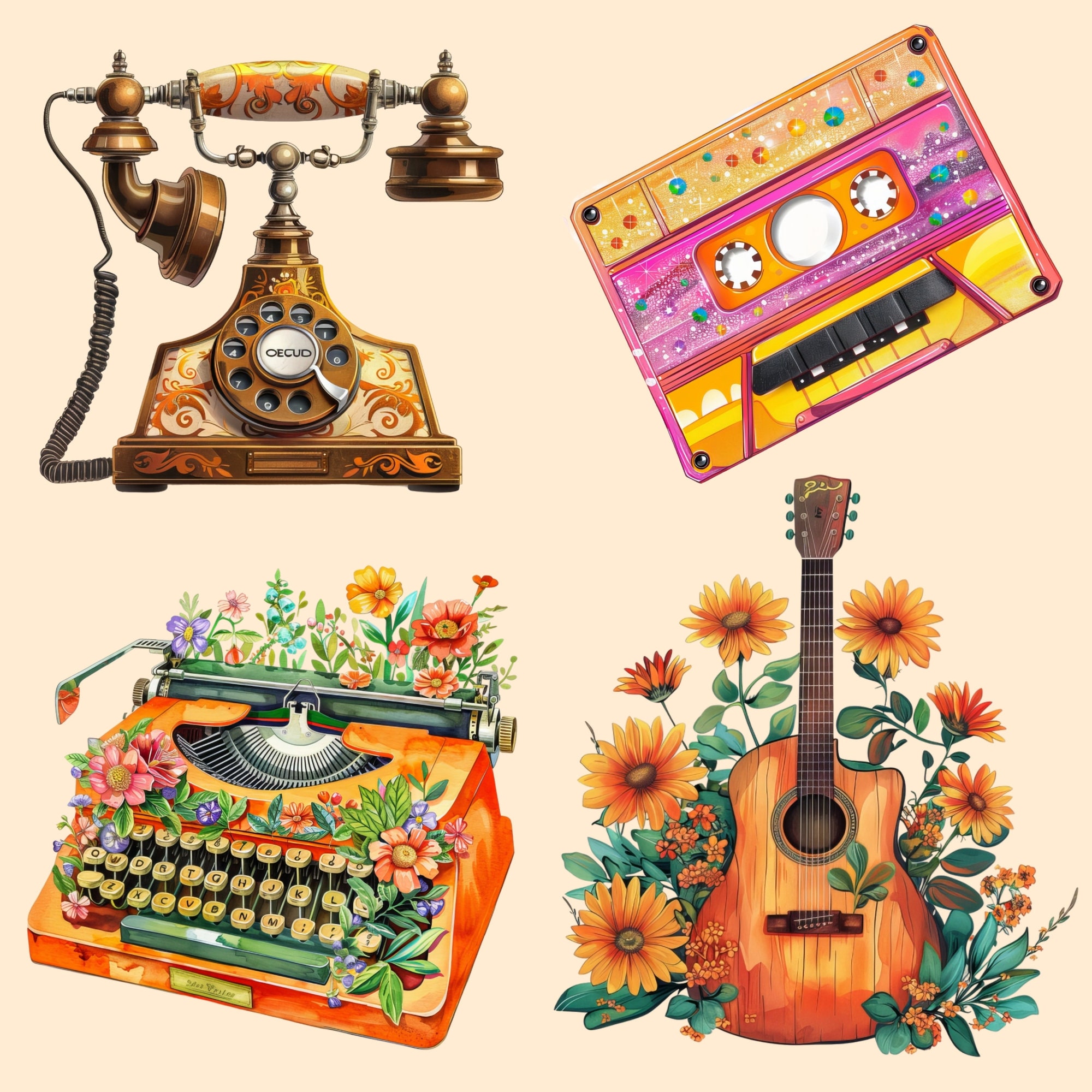 Retro 70s Clipart Set Floral Vintage Clipart Bundle Boho Hippie Clipart ...