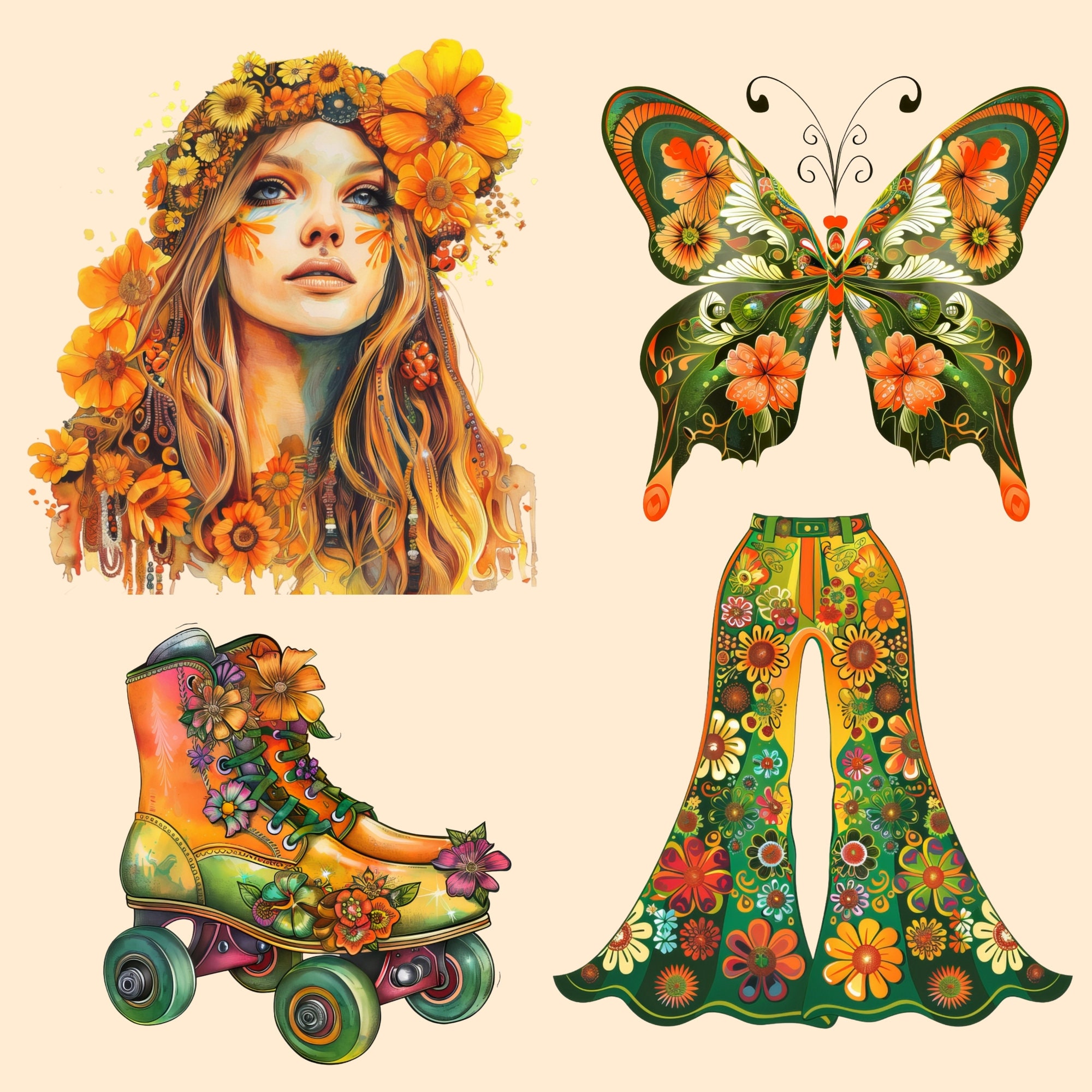 Retro 70s Clipart Set Floral Vintage Clipart Bundle Boho Hippie Clipart ...