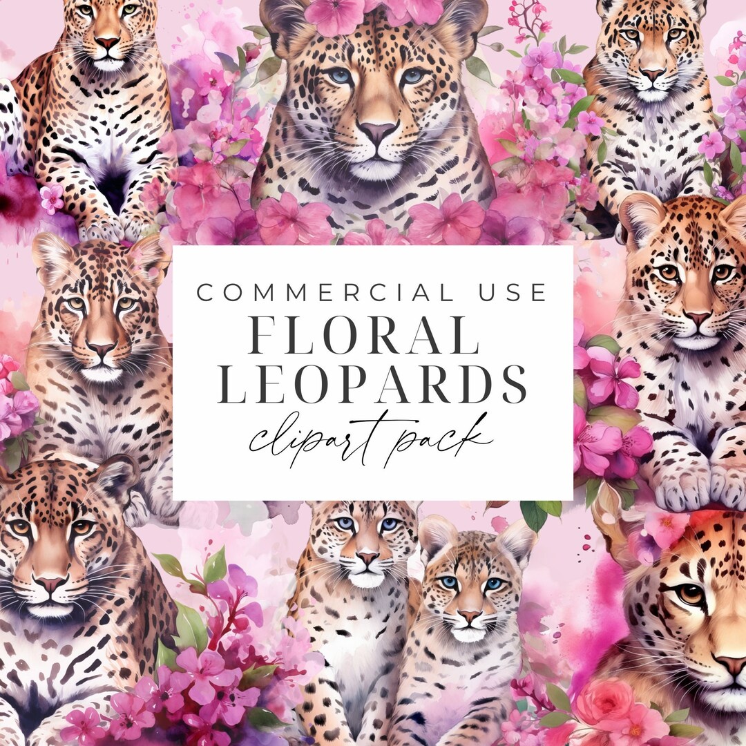 Floral Leopard Clipart Set, Watercolor Leopards, Flower Clipart for Commercial Use, Instant ...