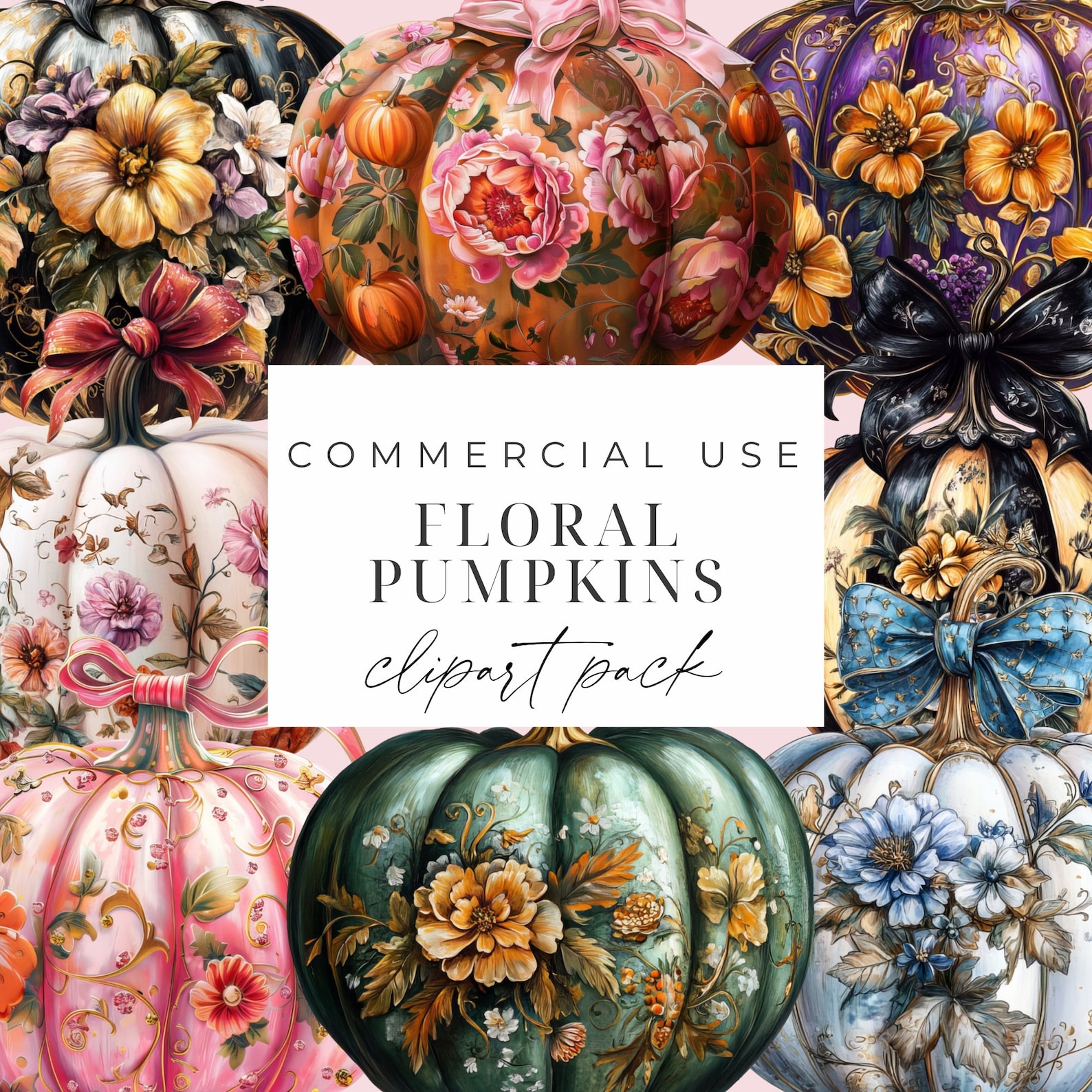 Floral Pumpkins Clipart Watercolor Pumpkins PNG Coquette Pumpkin ...