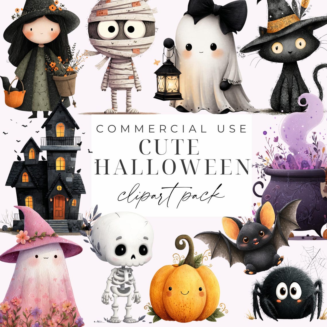 Cute Halloween Clipart Set Cute Watercolor Clipart PNG Kids Halloween ...