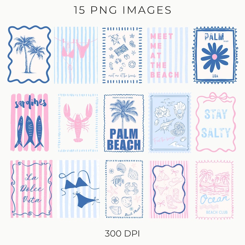 Coastal Blue Pink Clipart Bundle Retro Summer Coastal PNG Preppy Beach ...