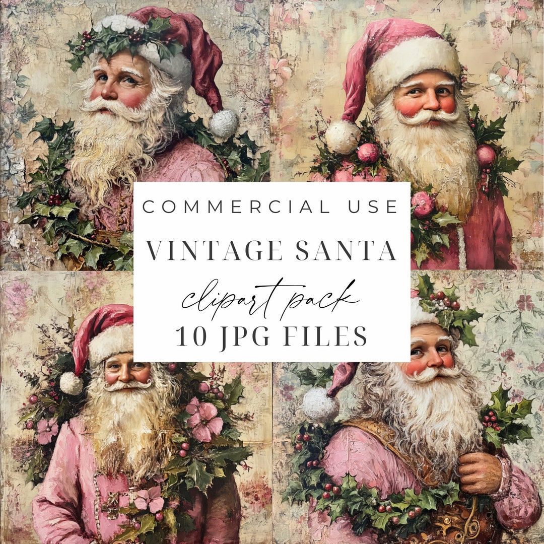 Shabby Chic Santa Clause Clipart Bundle Pink Vintage Santa Christmas ...