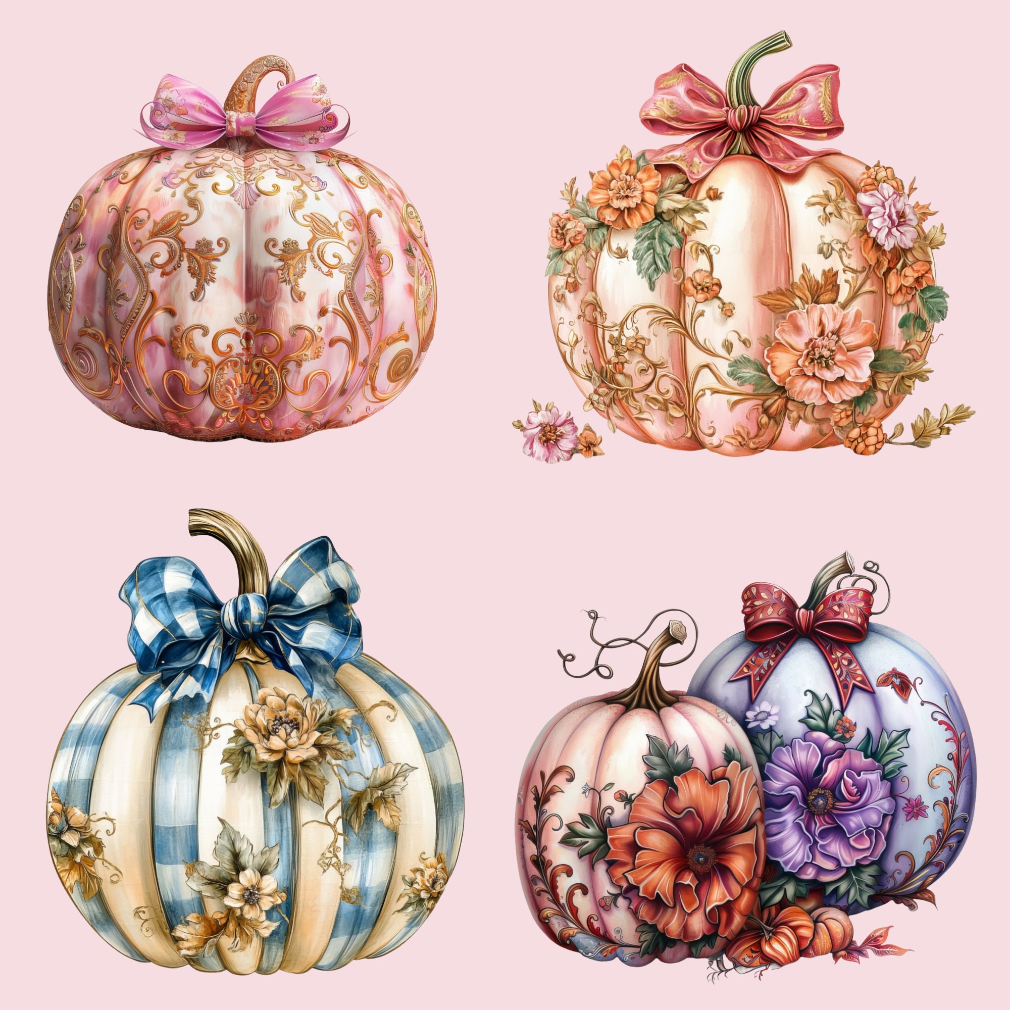 Floral Pumpkins Clipart Watercolor Pumpkins PNG Coquette Pumpkin ...