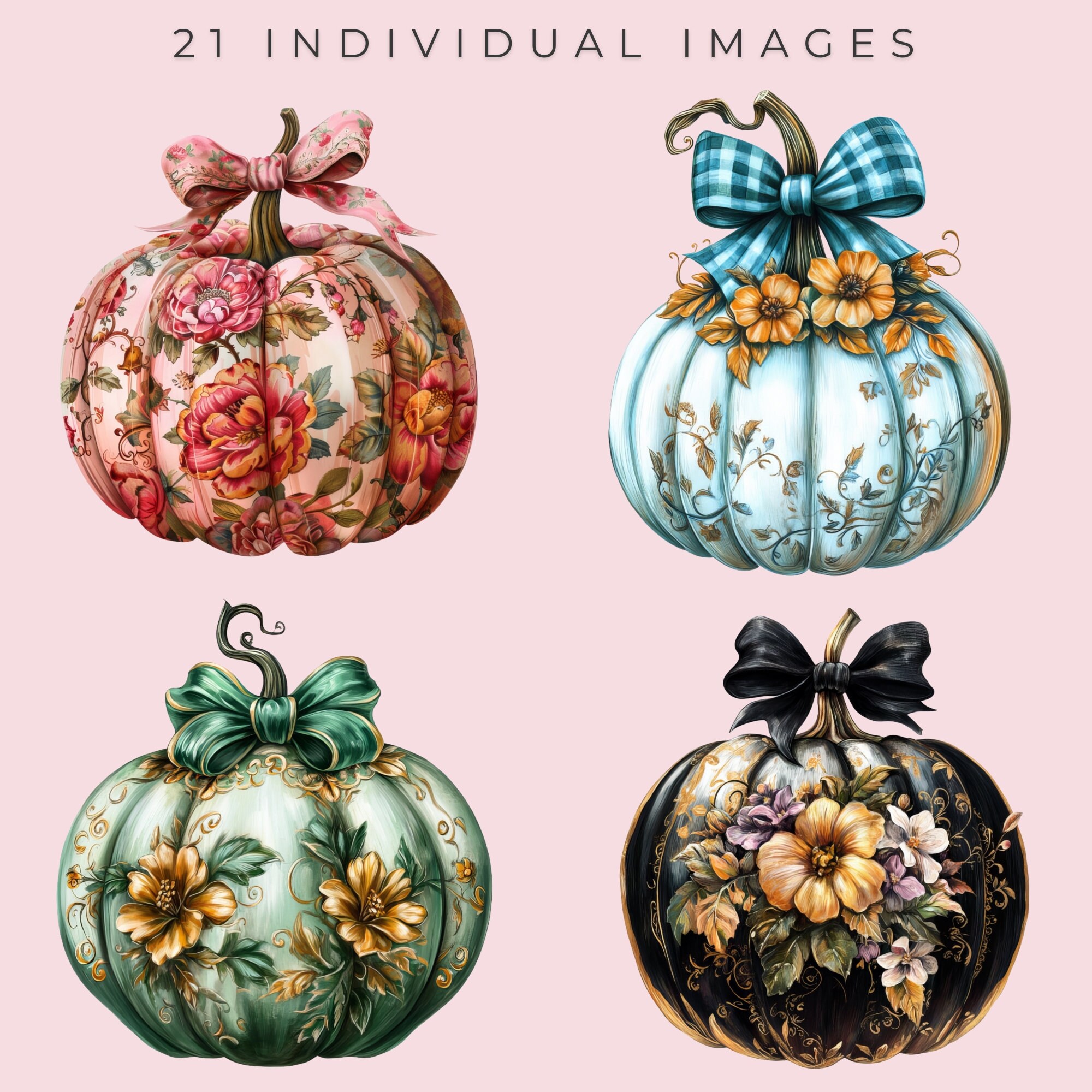 Floral Pumpkins Clipart Watercolor Pumpkins PNG Coquette Pumpkin ...