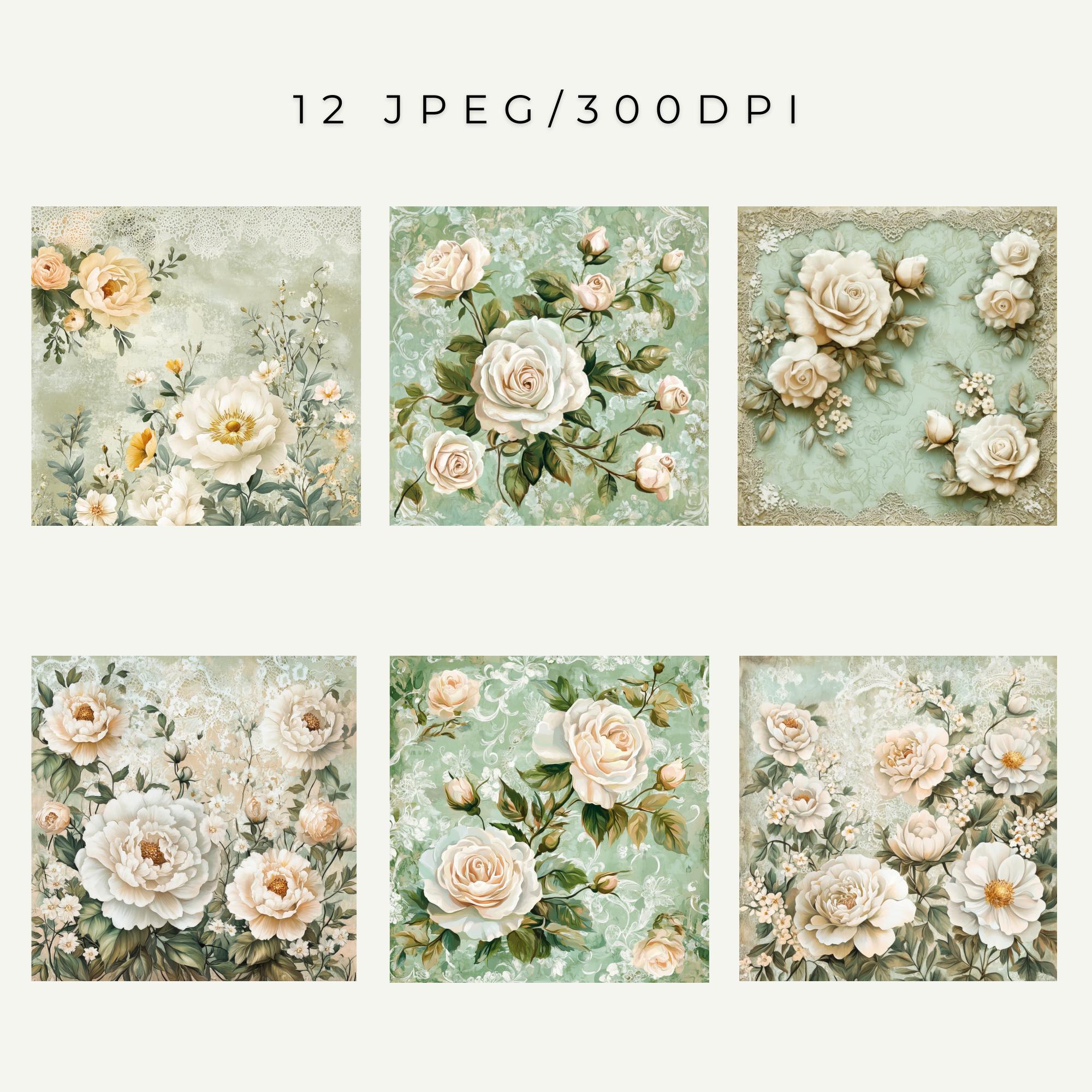 Sage Green Floral Digital Paper Watercolor Floral Lace Pastel Wedding ...