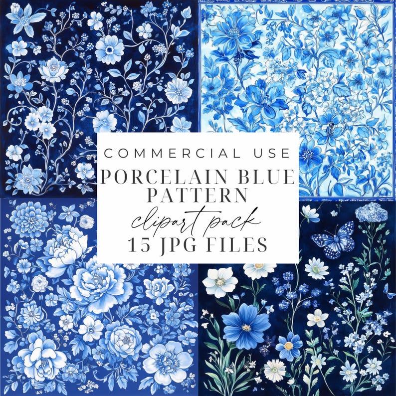 Blue Foral Pattern Clipart Seamless Chinoiserie Porcelain Blue Jpgs ...