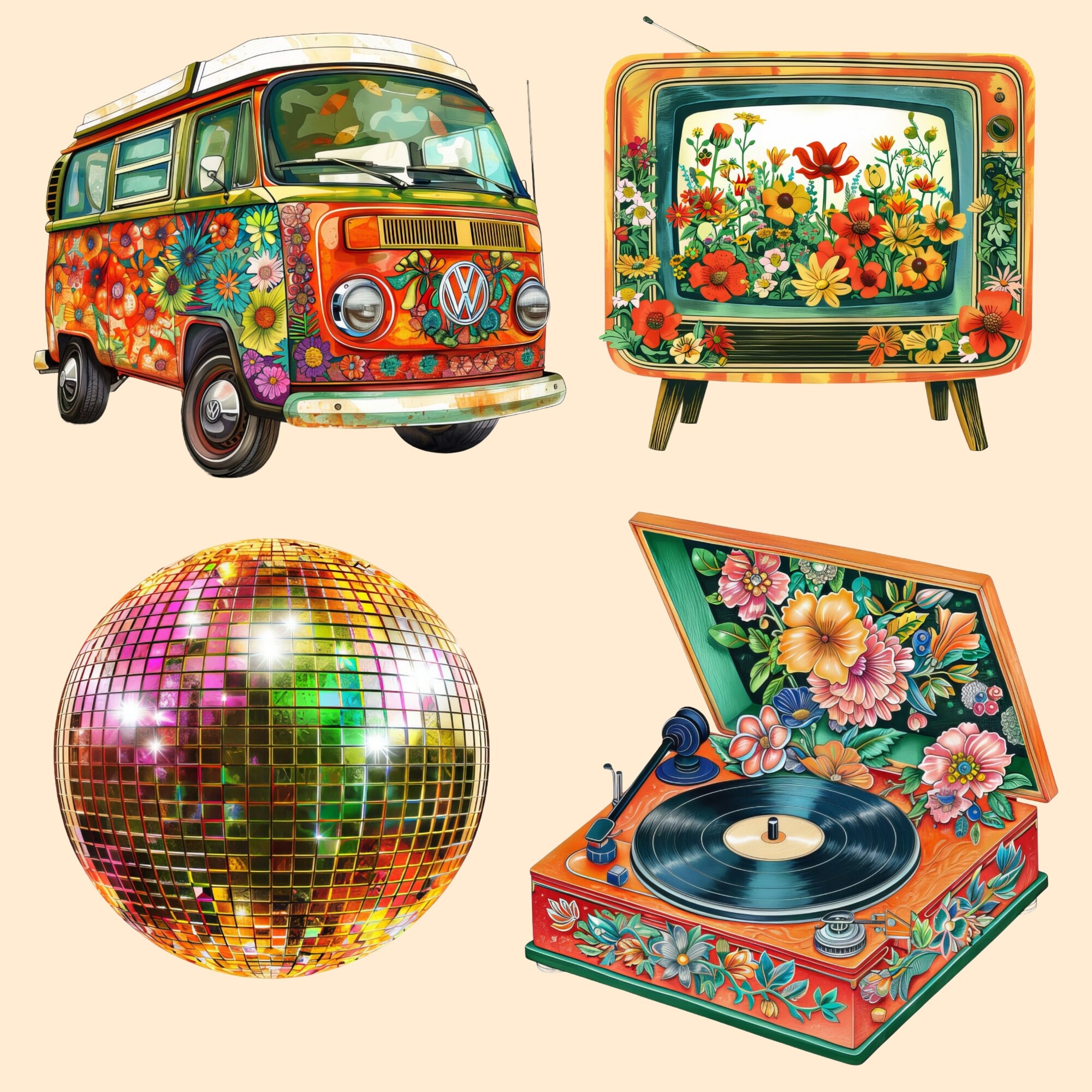Retro 70s Clipart Set Floral Vintage Clipart Bundle Boho Hippie Clipart ...