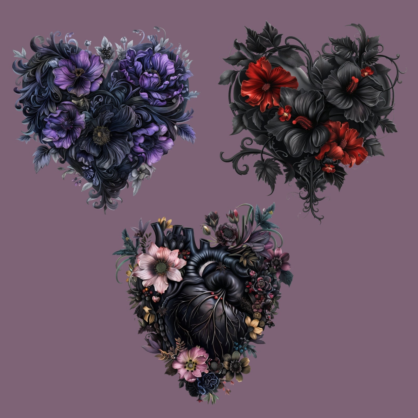 Gothic Floral Hearts Clipart Set Anatomical Heart Clipart PNG ...