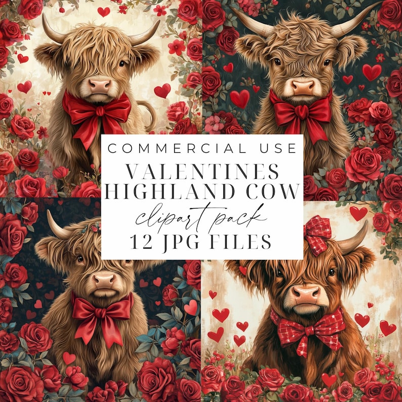 Highland Cow Valentines Clipart Set Cute Valentines Cow Jpgs Valentines ...