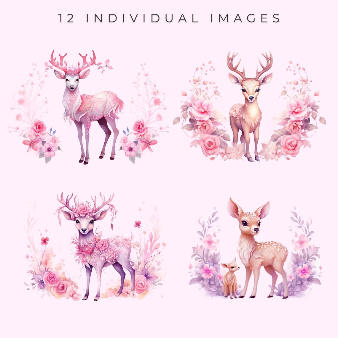 Pink Christmas Reindeer Clipart Set, Watercolor Christmas Clipart, PNG ...