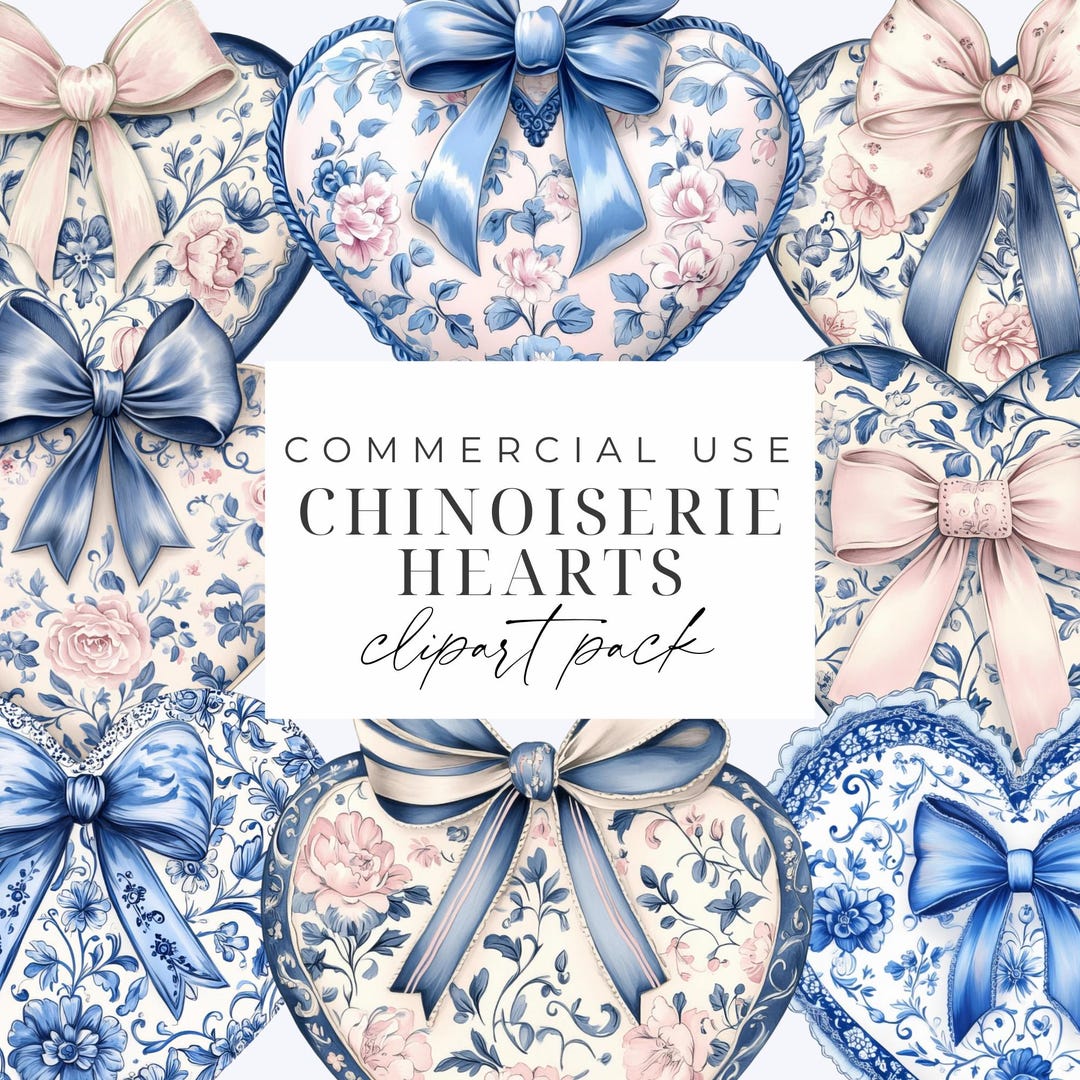 Blue Toile Chinoiserie Hearts Clipart Hearts and Bows Clipart Pngs ...