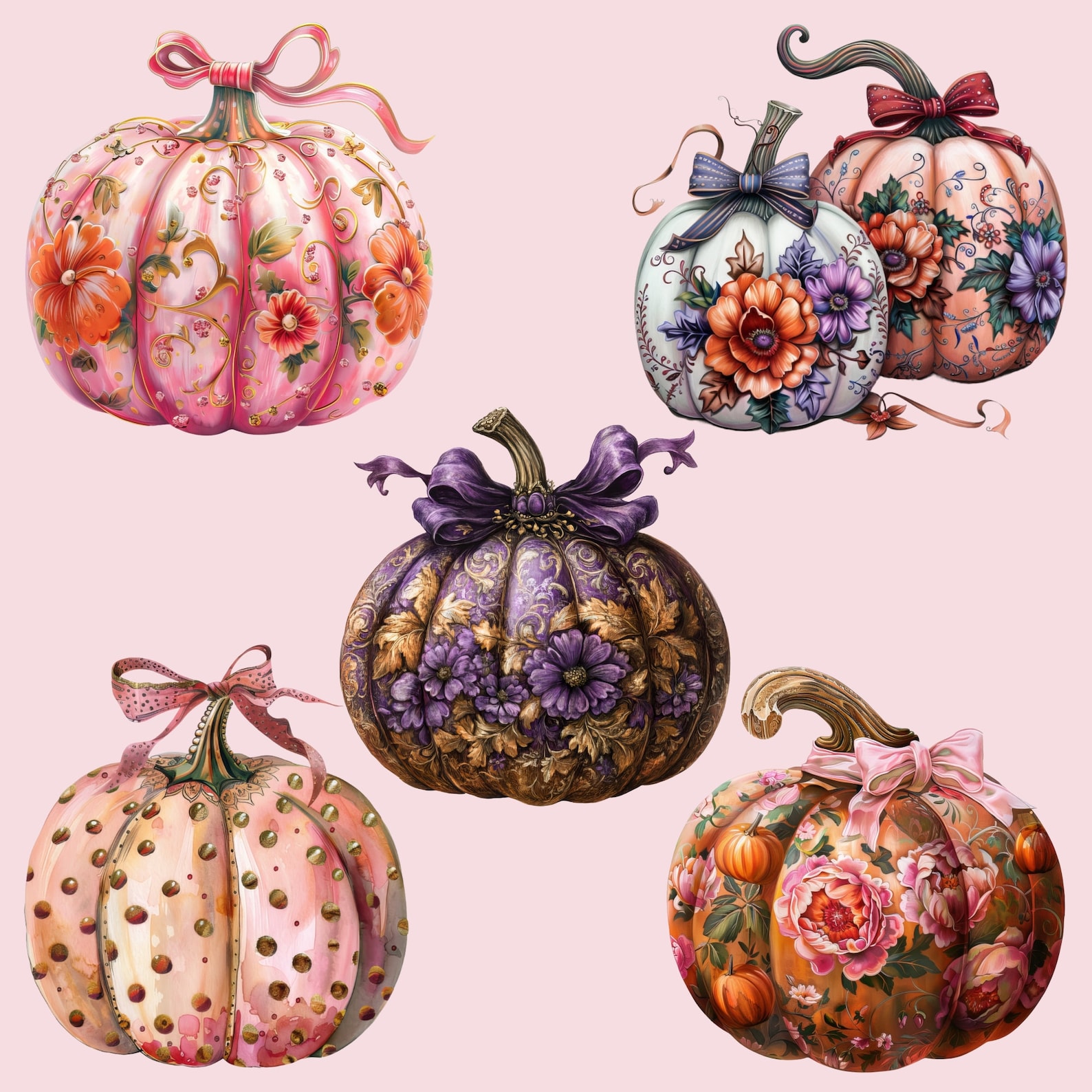 Floral Pumpkins Clipart Watercolor Pumpkins PNG Coquette Pumpkin ...