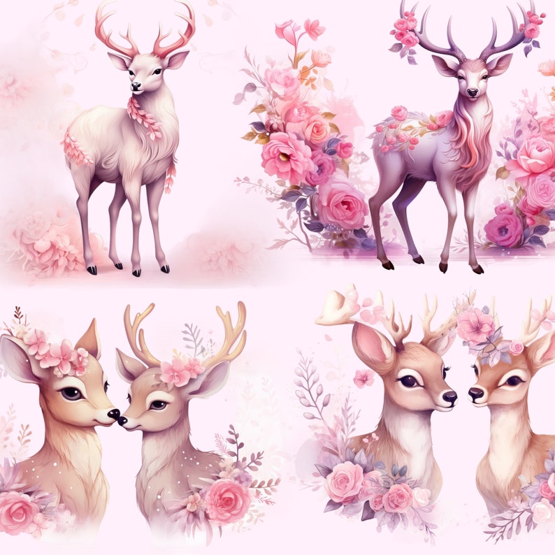 Pink Christmas Reindeer Clipart Set, Watercolor Christmas Clipart, PNG ...