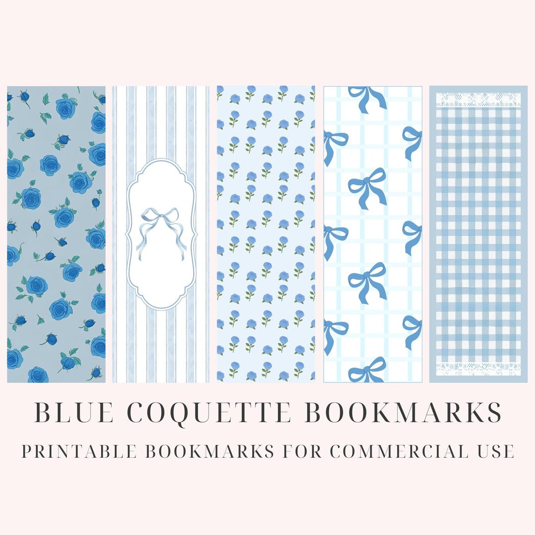 8 Coquette Printable Bookmarks Cute Pastel Blue Bow Bookmarks Digital ...
