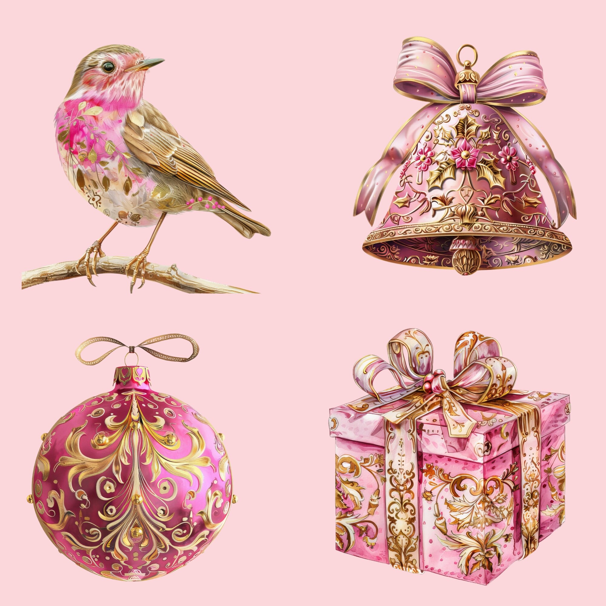 Pink Christmas Clipart Pink and Gold Clipart Pink Christmas Watercolor ...