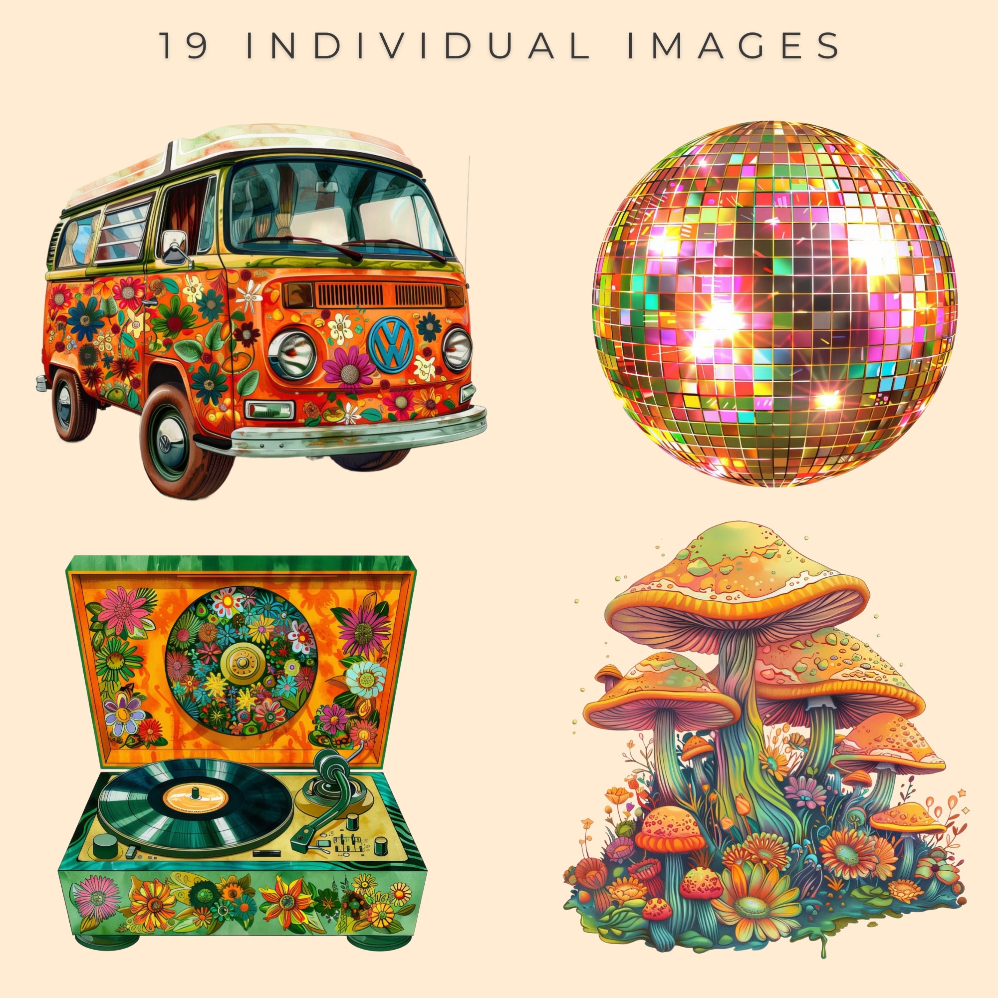 Retro 70s Clipart Set Floral Vintage Clipart Bundle Boho Hippie Clipart ...
