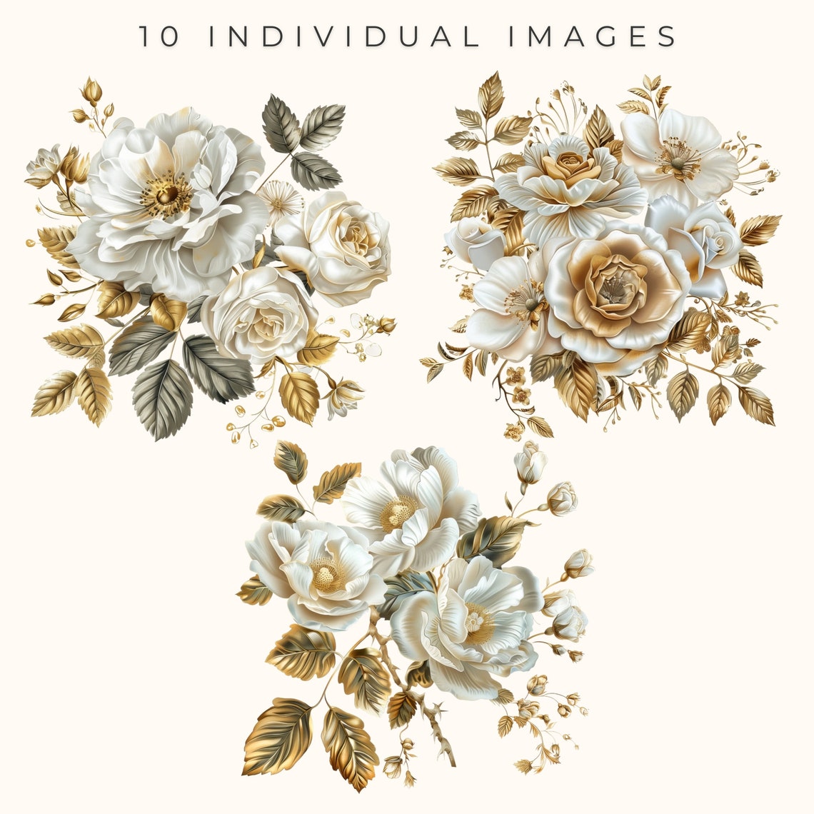 White and Gold Floral Clipart Set White Gold Flowers PNG Gold Floral ...