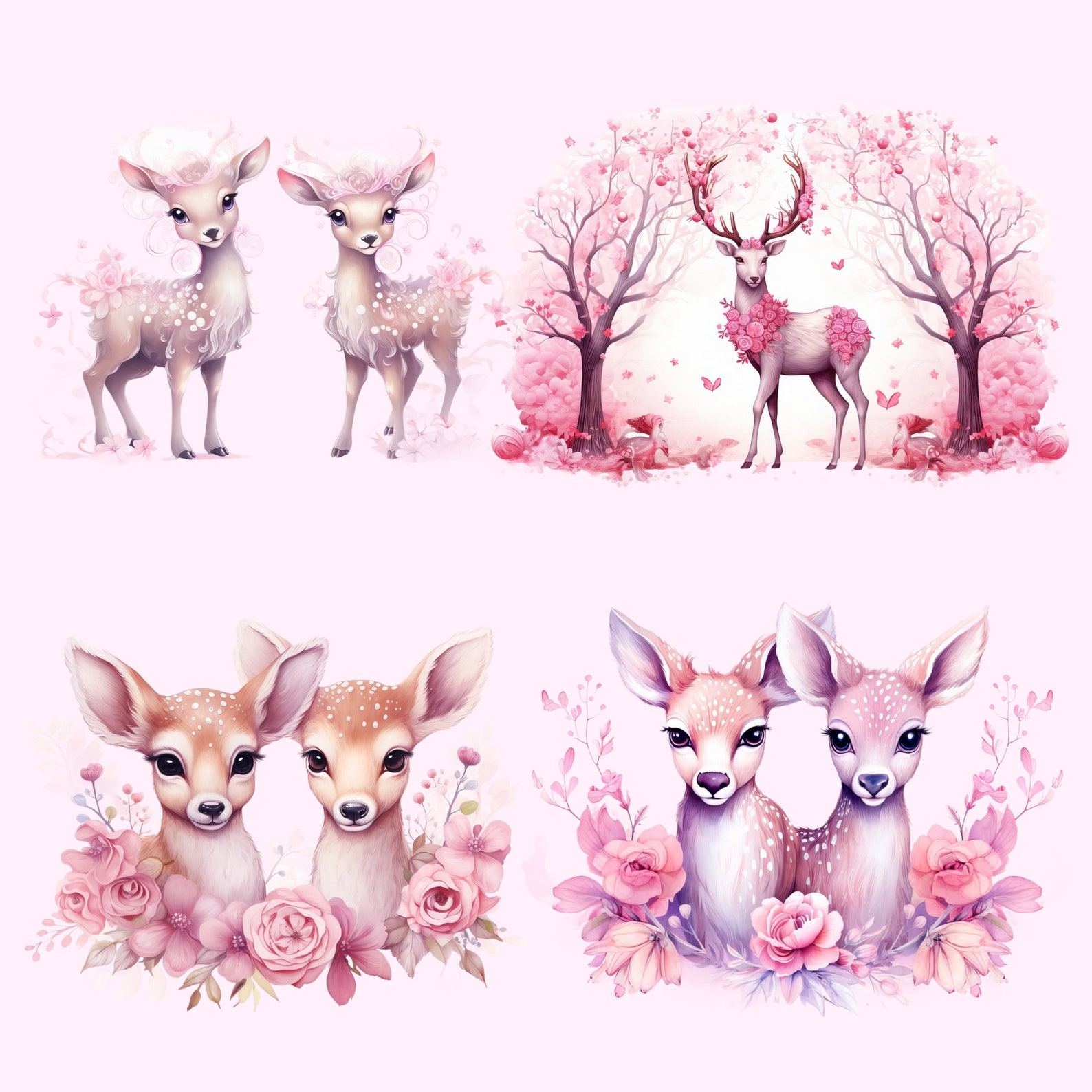 Pink Christmas Reindeer Clipart Set, Watercolor Christmas Clipart, PNG ...