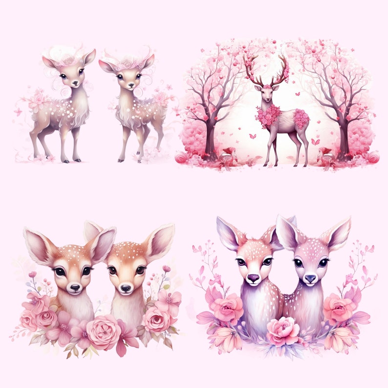 Pink Christmas Reindeer Clipart Set, Watercolor Christmas Clipart, PNG ...