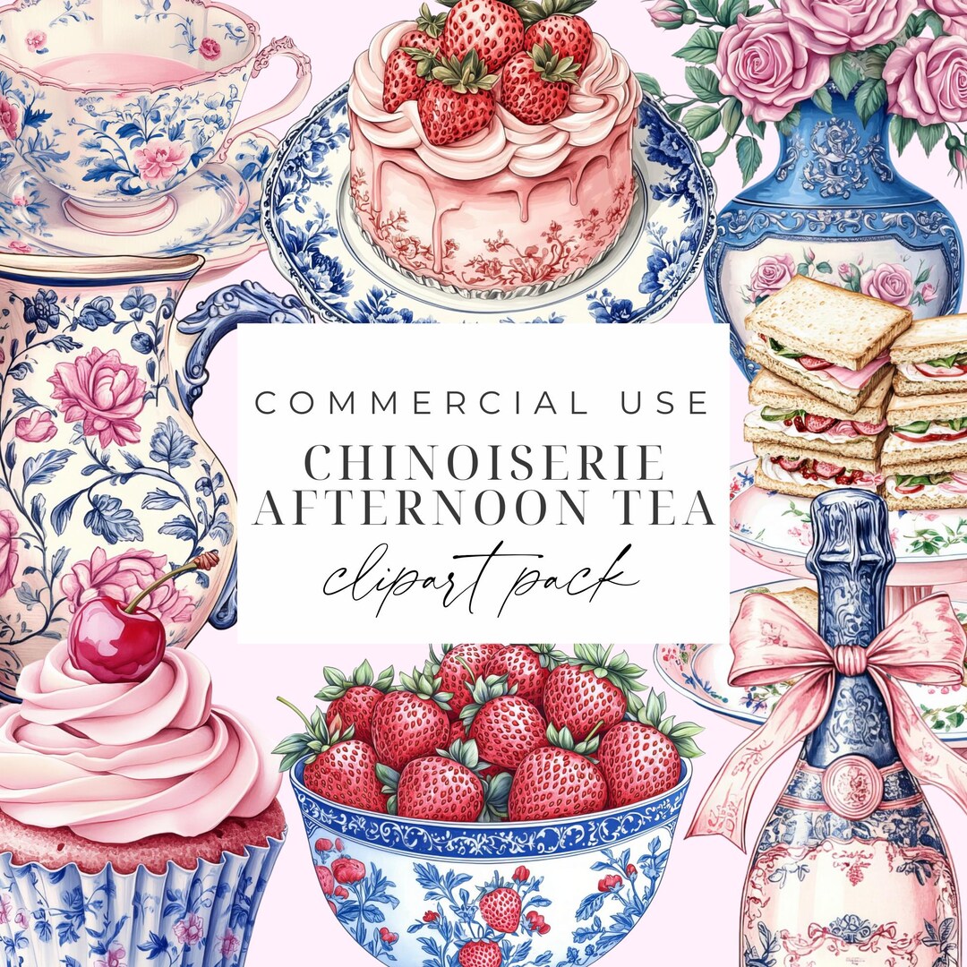 Watercolor Tea Time Clipart Bundle Blue Chinoiserie Tea Party Clipart ...