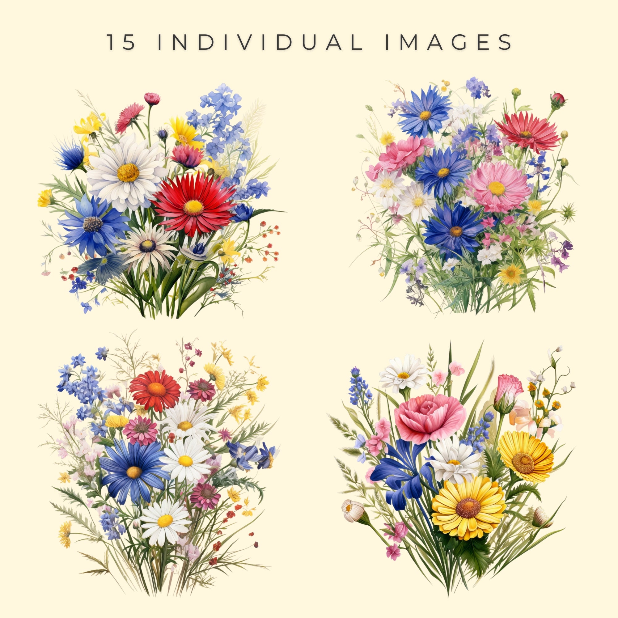 Wildflowers Clipart Set, Floral Clipart Pack, 15 High Quality Pngs ...