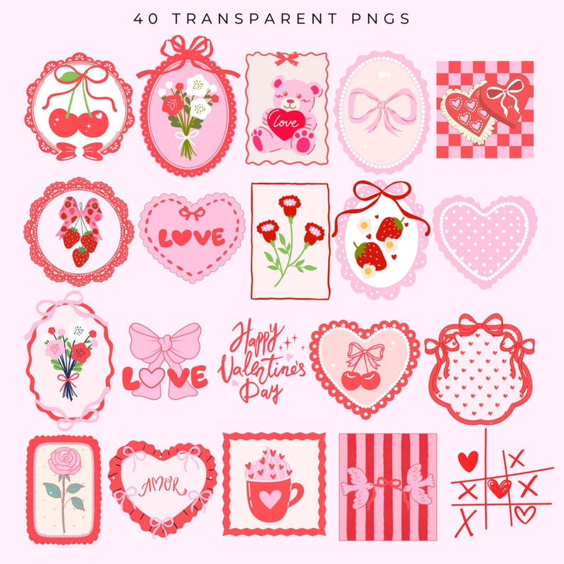 Cute Valentines Clipart Bundle Coquette Valentines Pngs Bow Frames Png ...