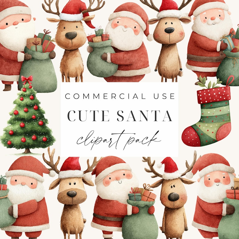 Cute Santa Watercolor Clipart Cute Christmas Clipart PNG Santa Claus ...