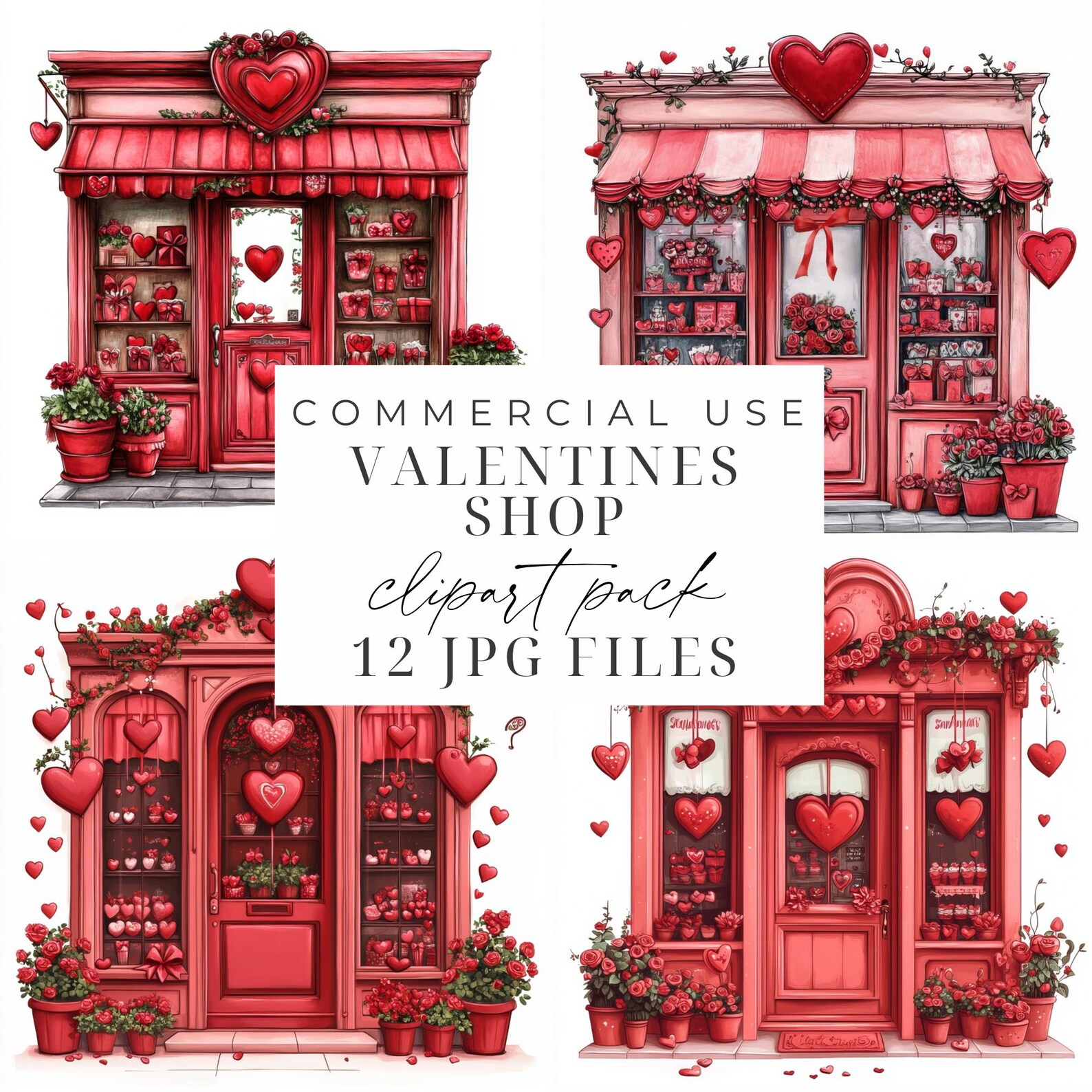 Valentines Day Shop Clipart Set Valentines House Clipart Whimsical ...