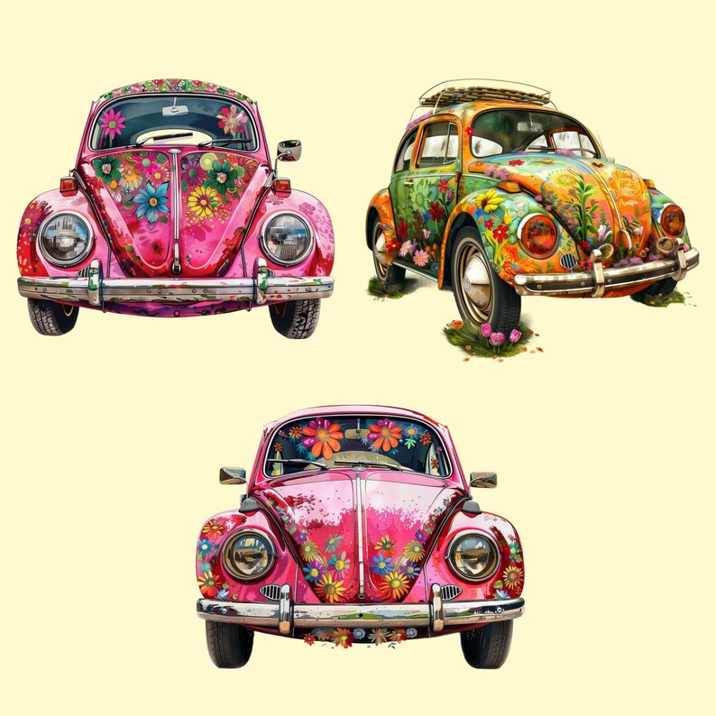 Vintage Beetle Car Clipart VW Bug PNG Retro Beetles Hippie 70s Clipart ...