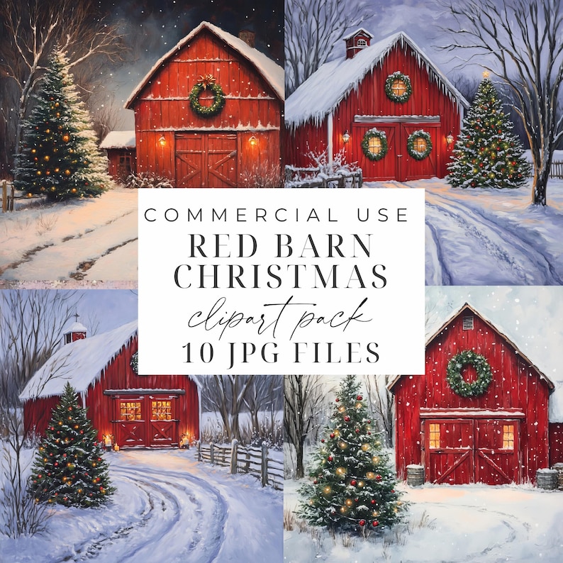 Country Christmas Barn Clipart Watercolor Red Christmas Barn JPG Winter ...