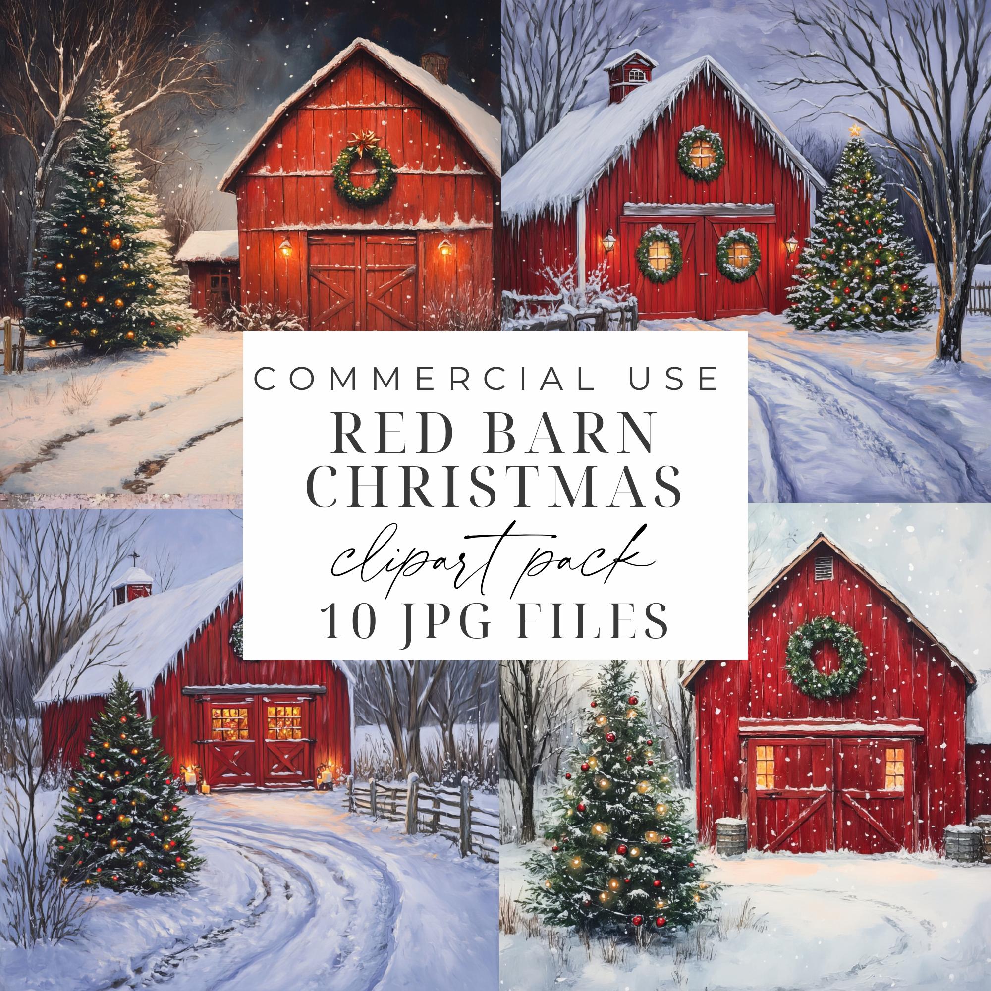 Country Christmas Barn Clipart Watercolor Red Christmas Barn JPG Winter ...