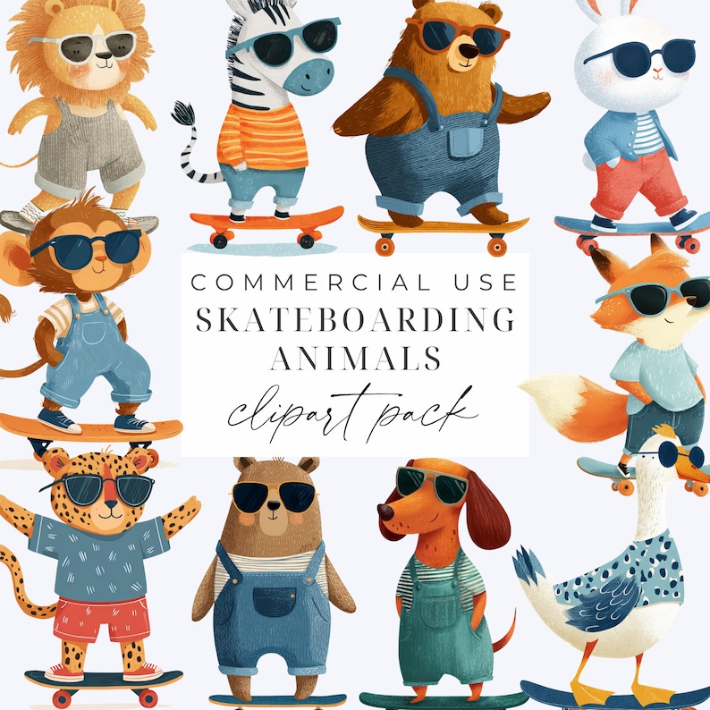 Skateboarding Animals Clipart Bundle Cute Cartoon Skating Animals ...