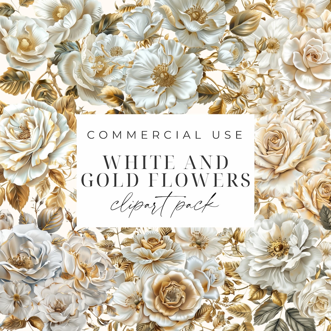 White and Gold Floral Clipart Set White Gold Flowers PNG Gold Floral ...