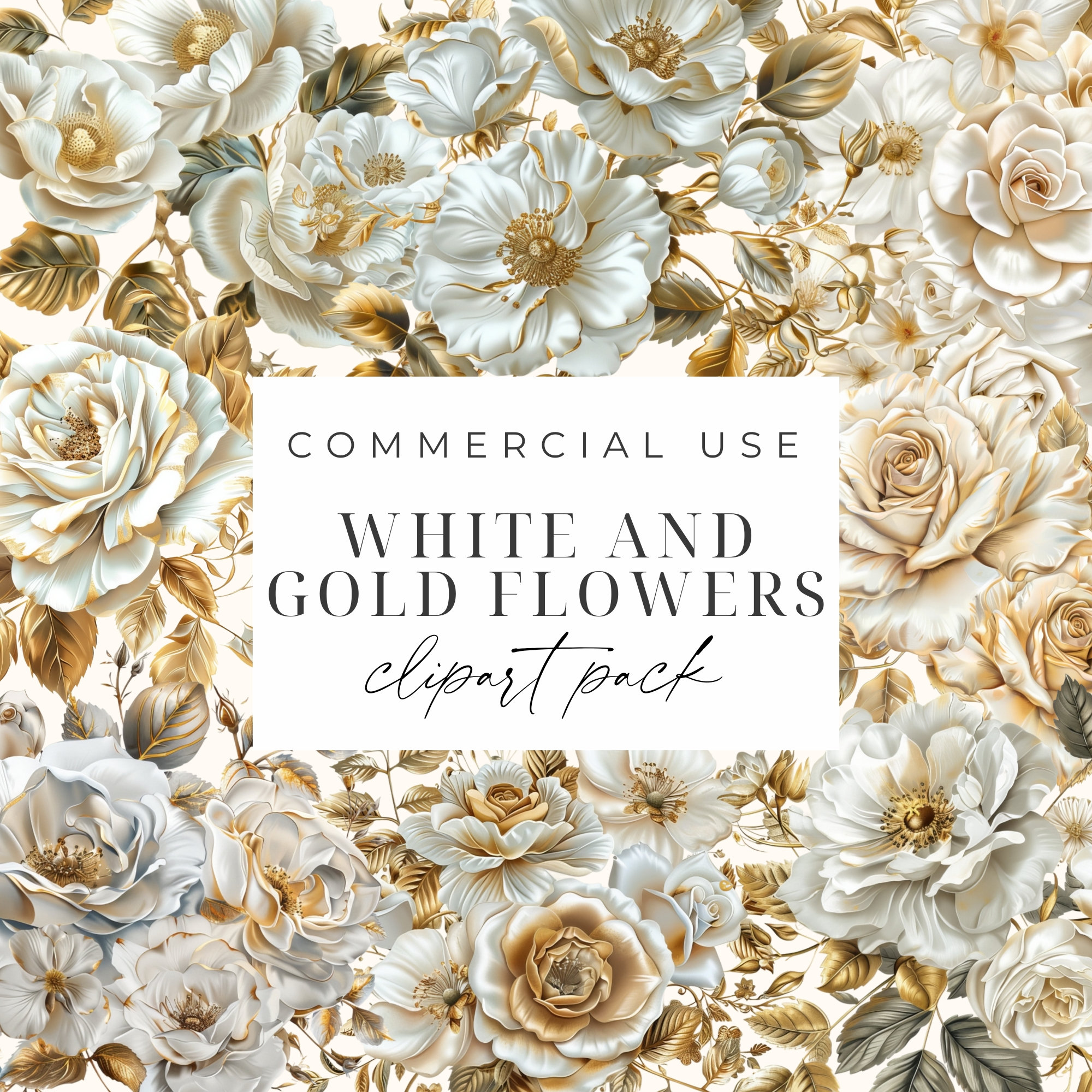 White and Gold Floral Clipart Set White Gold Flowers PNG Gold Floral ...