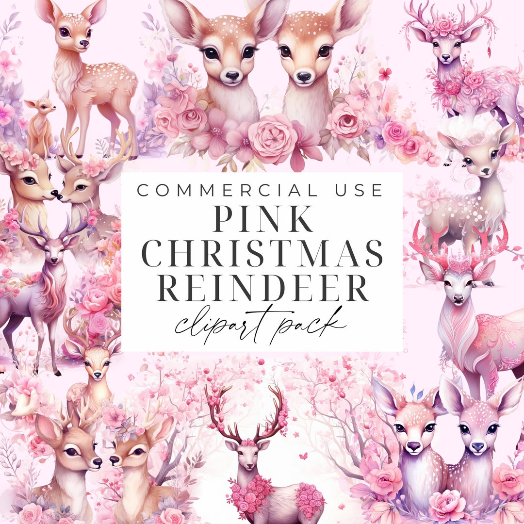 Pink Christmas Reindeer Clipart Set, Watercolor Christmas Clipart, PNG ...