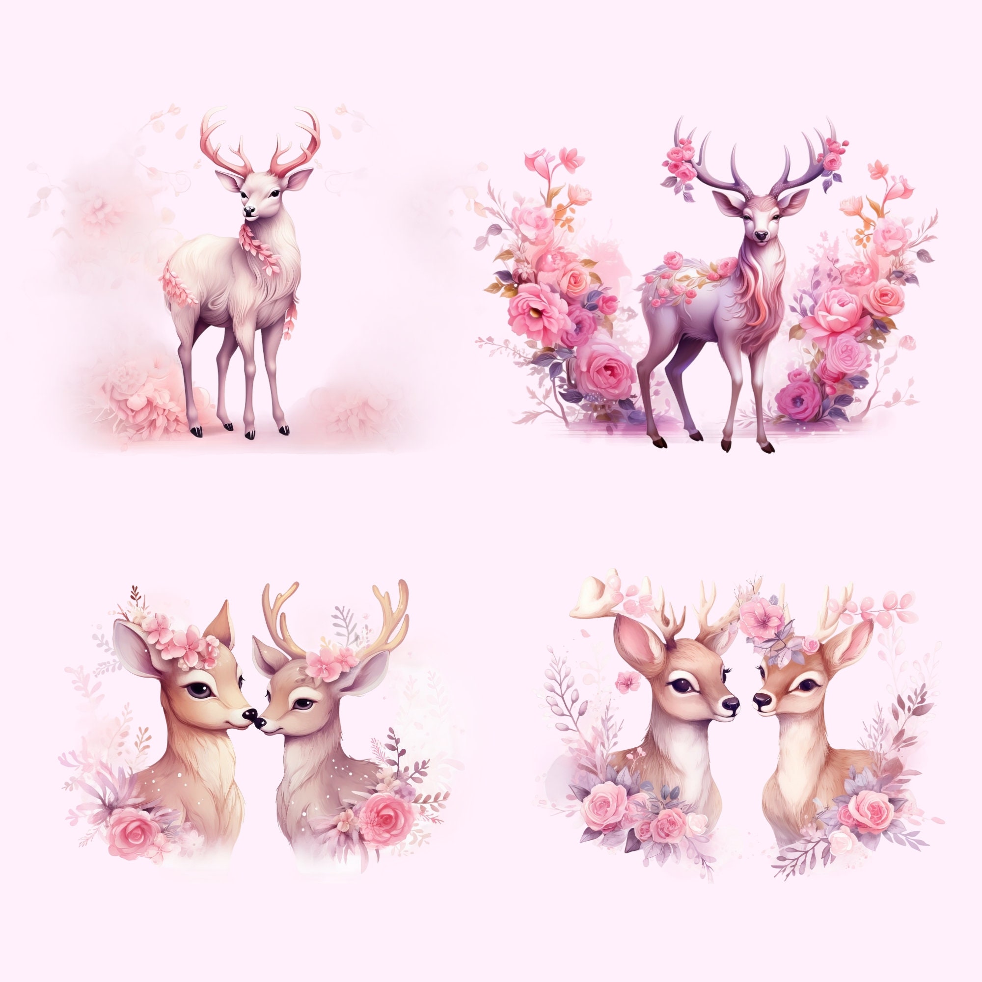 Pink Christmas Reindeer Clipart Set, Watercolor Christmas Clipart, PNG ...