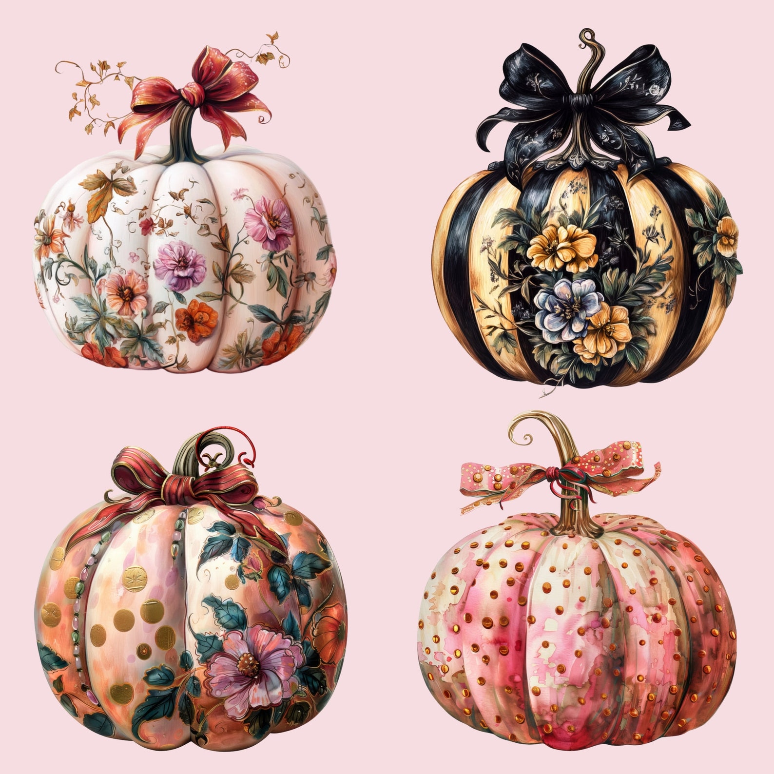 Floral Pumpkins Clipart Watercolor Pumpkins PNG Coquette Pumpkin ...