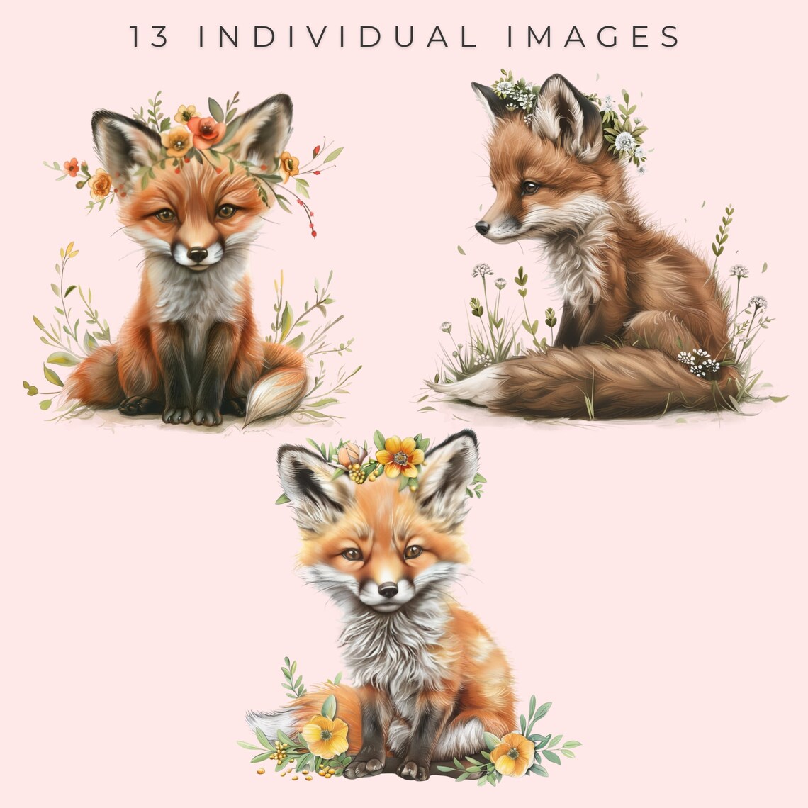 Cute Fox Clipart Bundle Floral Fox Clipart Watercolor Fox PNG Woodland ...