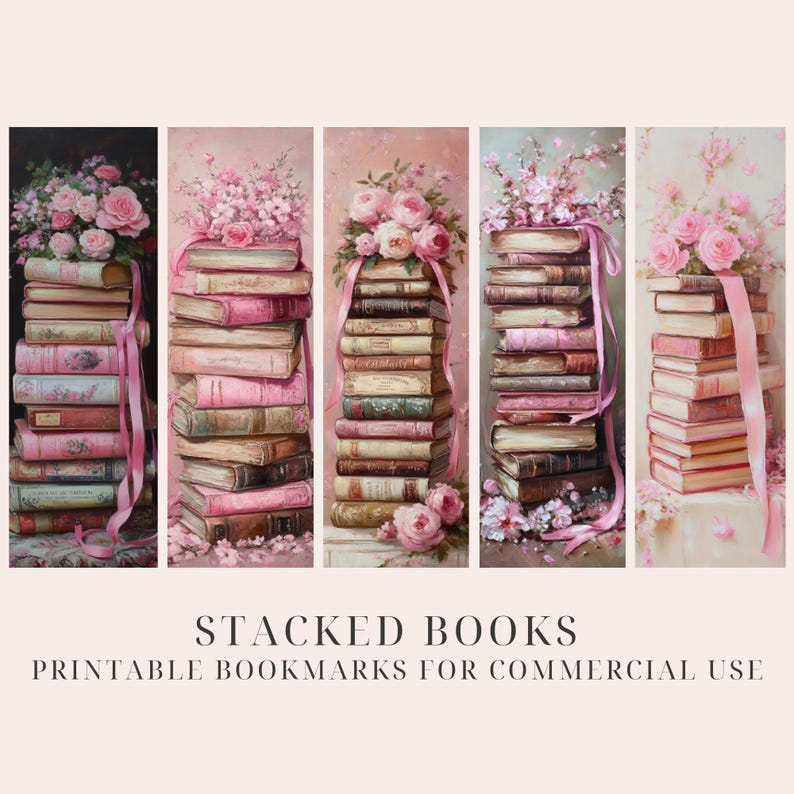 Printable Stacked Books Bookmark Printable Bookmarks JPG Pastel Floral ...