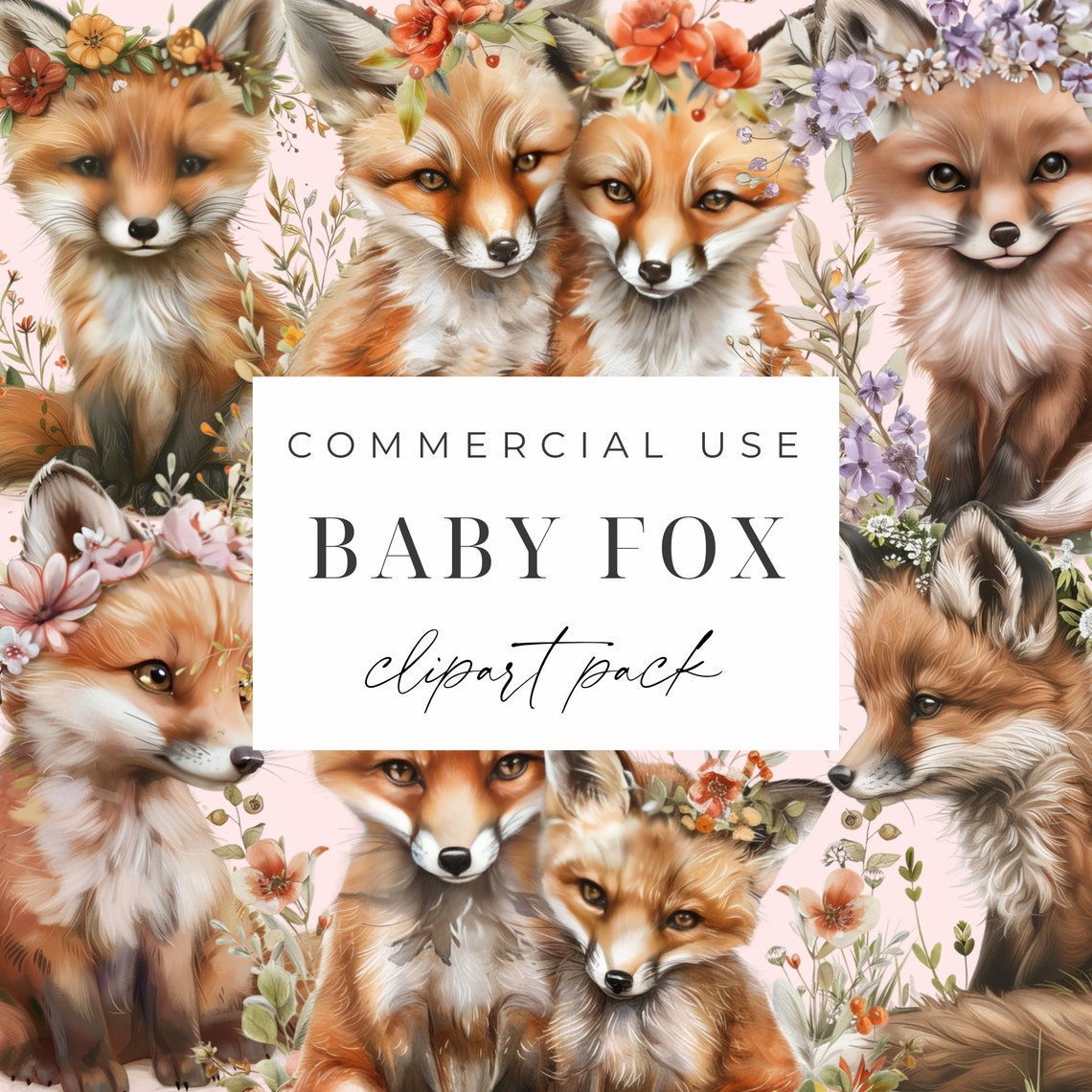 Cute Fox Clipart Bundle Floral Fox Clipart Watercolor Fox PNG Woodland ...