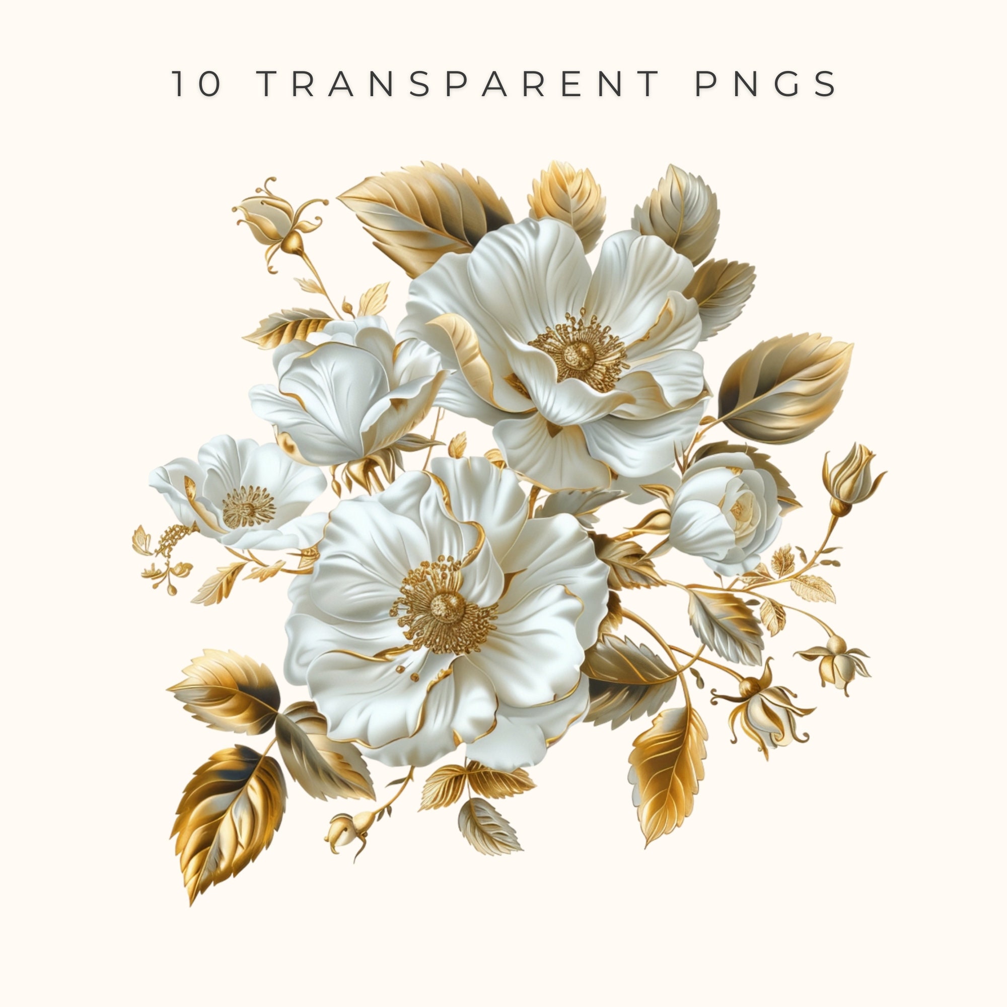 White and Gold Floral Clipart Set White Gold Flowers PNG Gold Floral ...