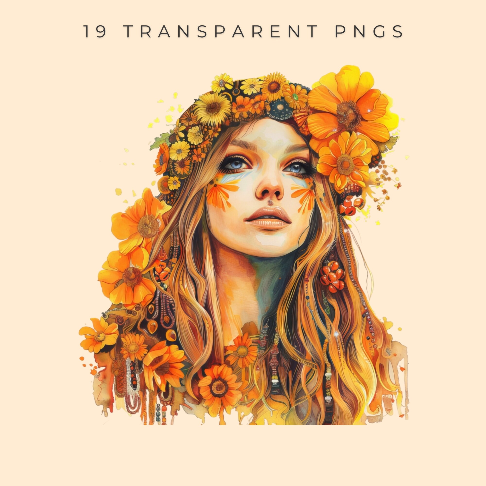 Retro 70s Clipart Set Floral Vintage Clipart Bundle Boho Hippie Clipart ...