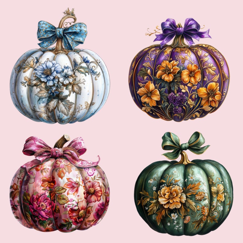 Floral Pumpkins Clipart Watercolor Pumpkins PNG Coquette Pumpkin ...