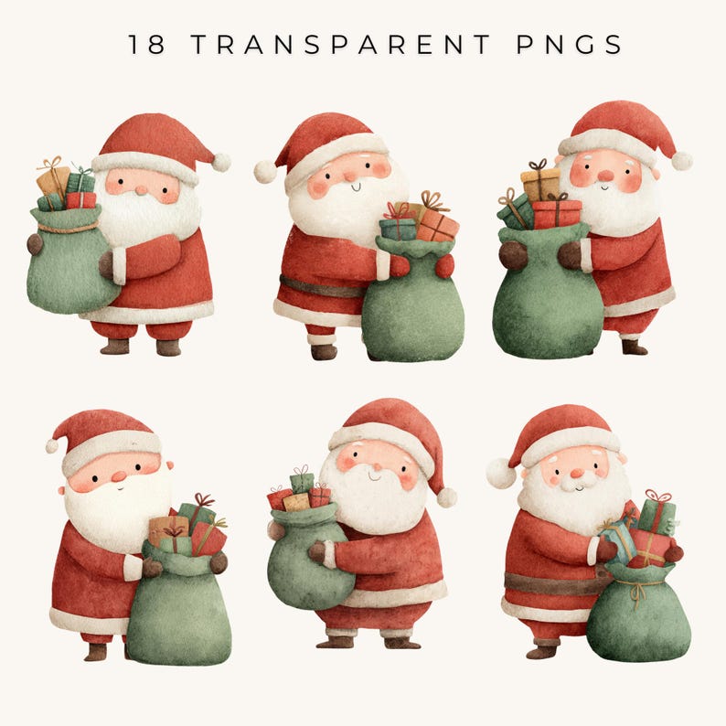 Cute Santa Watercolor Clipart Cute Christmas Clipart PNG Santa Claus ...